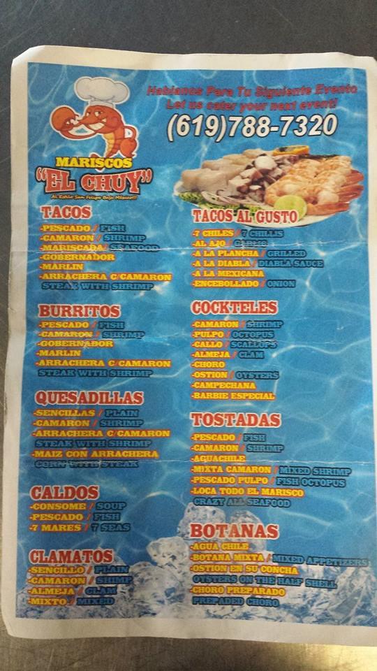 Menu at Mariscos "El Chuy" restaurant, San Diego