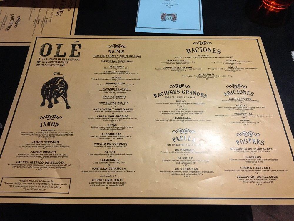 Menu at Olé Restaurant, Brisbane City