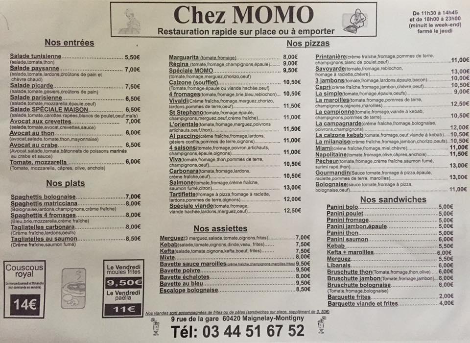 Menu au Chez Momo restaurant, Maignelay-Montigny