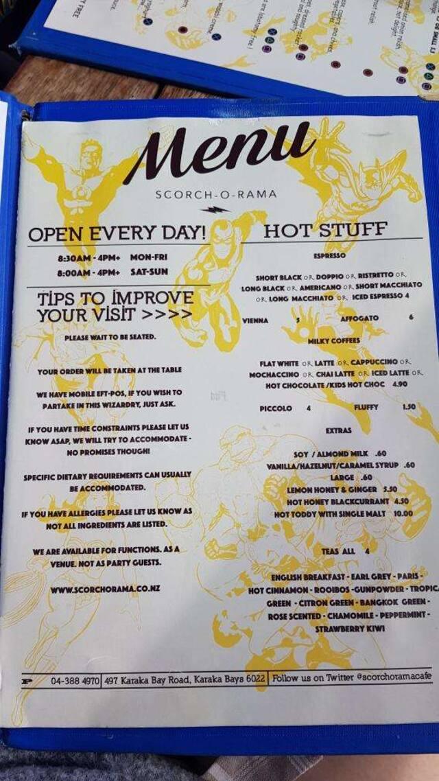 Menu at Scorch O Rama cafe, Wellington