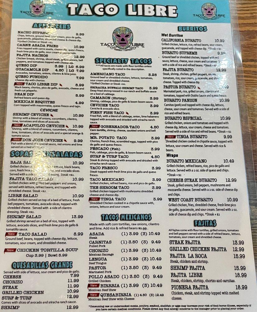Menu at Taco Libre #3 restaurant, St. Augustine, N Ponce De Leon Blvd