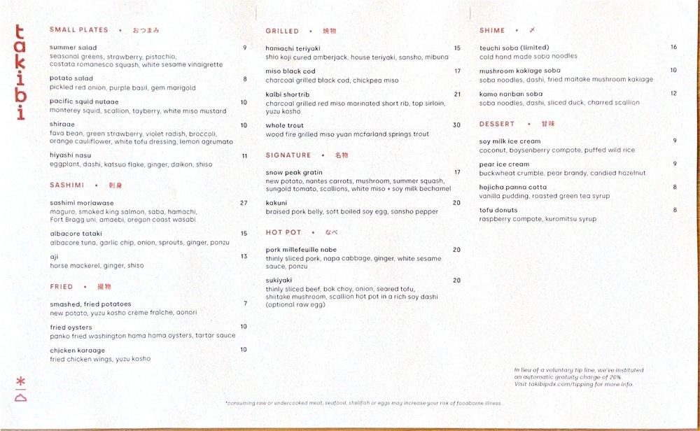 Menu at Takibi restaurant, Portland