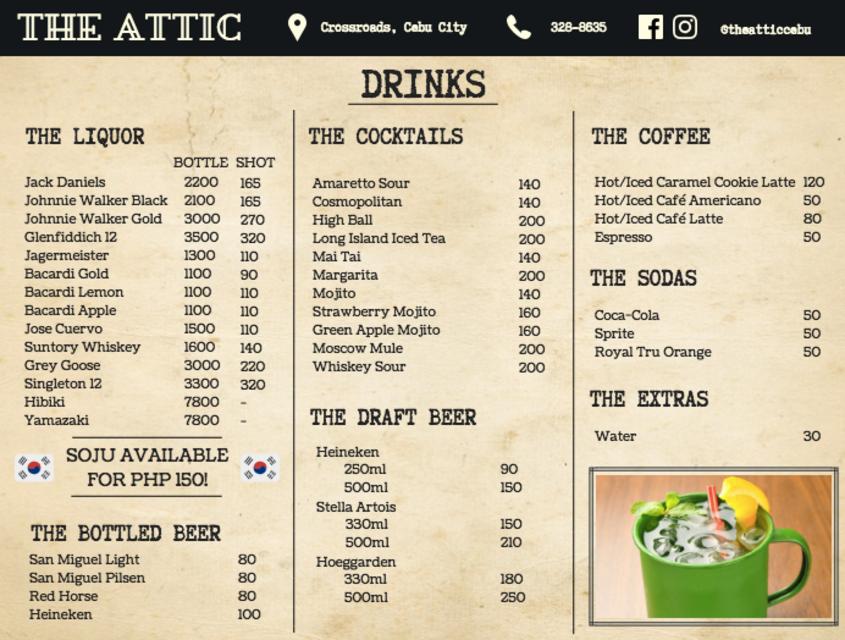 Menu at The Attic restaurant, Cebu City