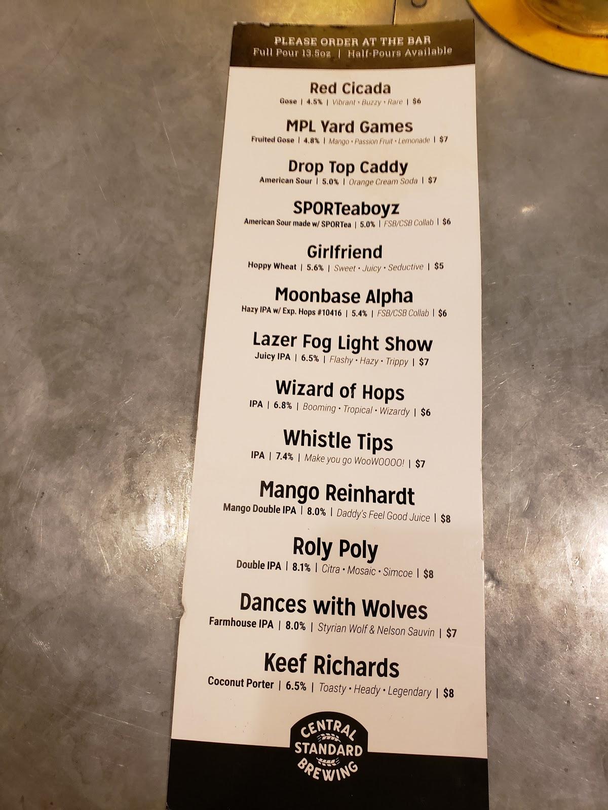 Menu at Central Standard Brewing restaurant, Wichita, 156 Greenwood