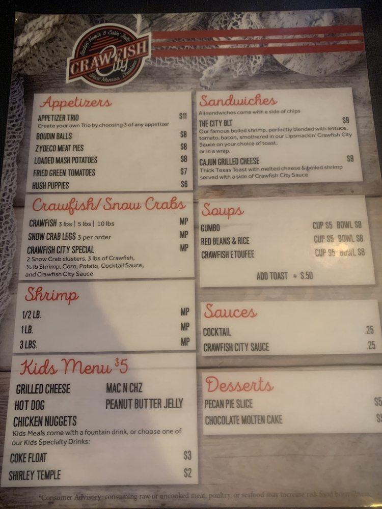 Menu at Crawfish City restaurant, West Monroe