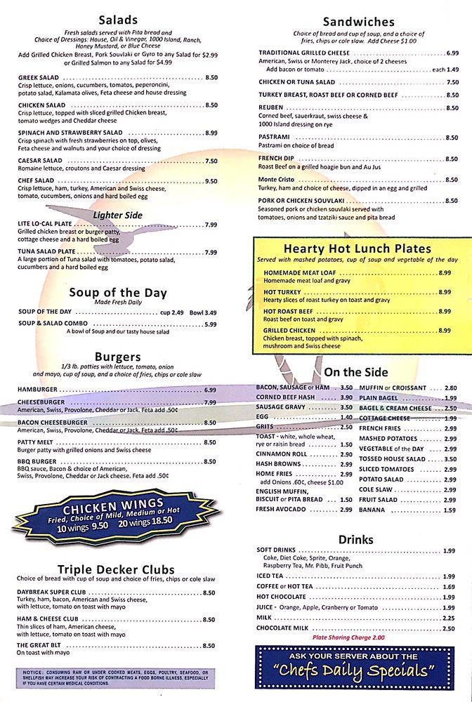 Menu at Daybreak Cafe, Tarpon Springs