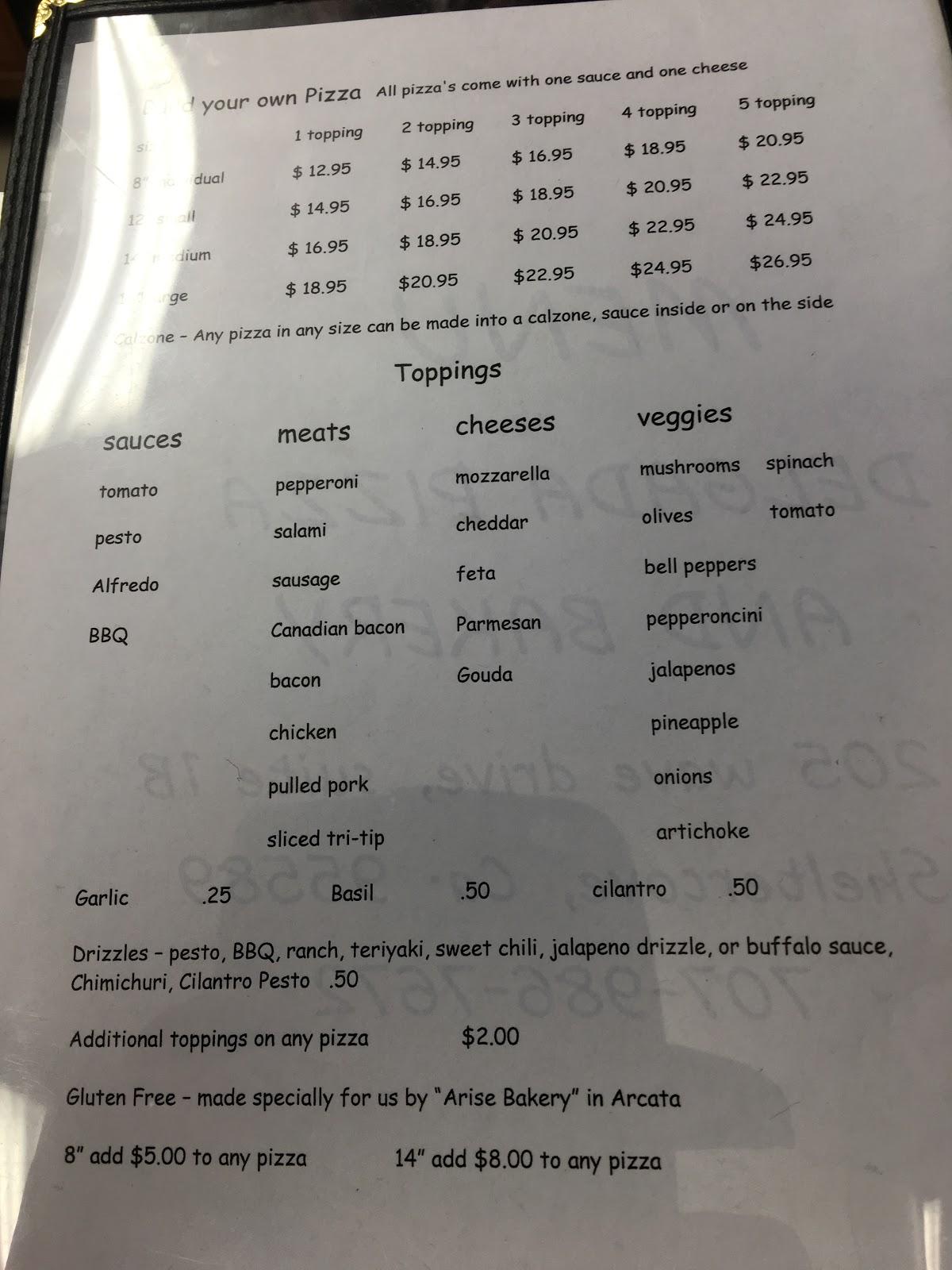Menu at Delgada Pizza pizzeria, Shelter Cove