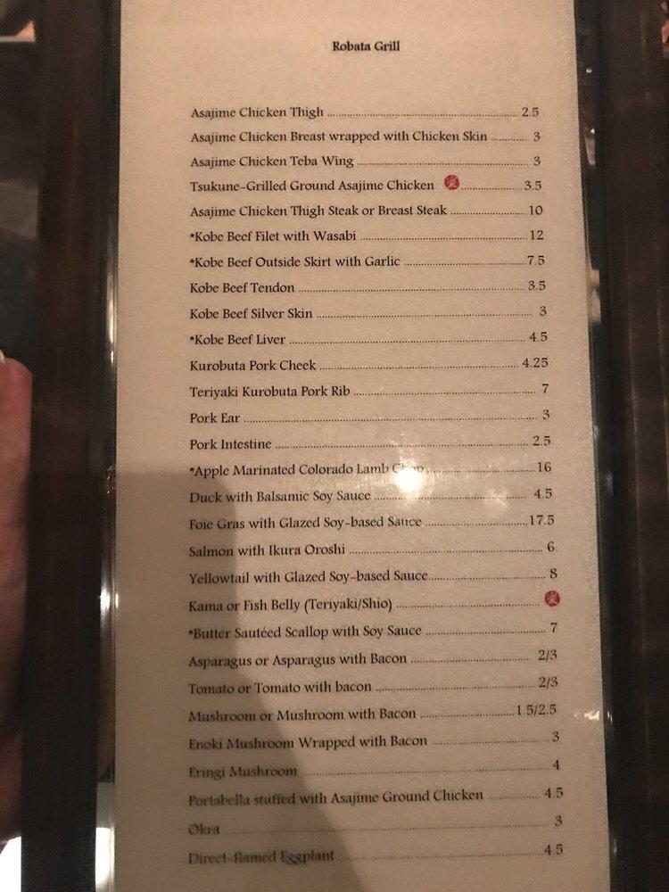 Menu at Raku restaurant, Las Vegas