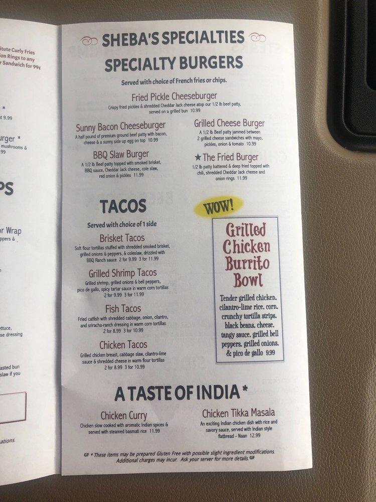 Menu at Sheba's restaurant, Hope
