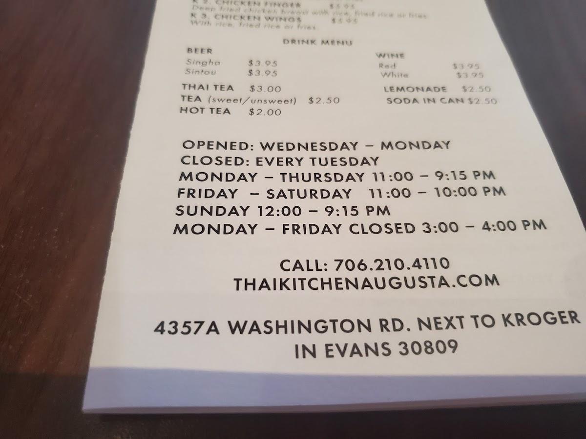 Menu at Thai Kitchen restaurant, Evans