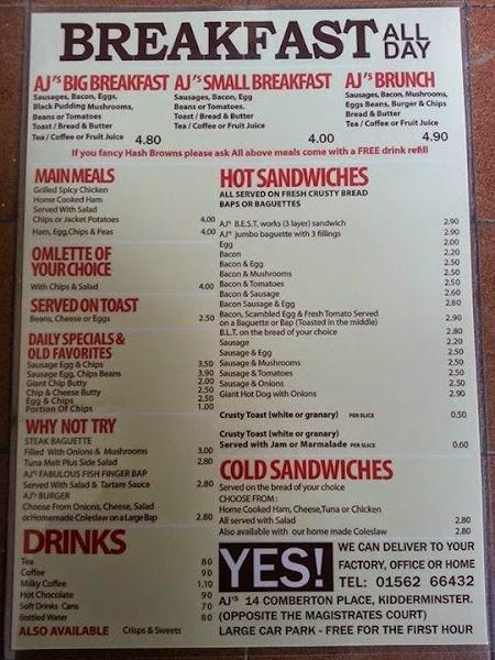 Menu at AJ's Diner cafe, Kidderminster