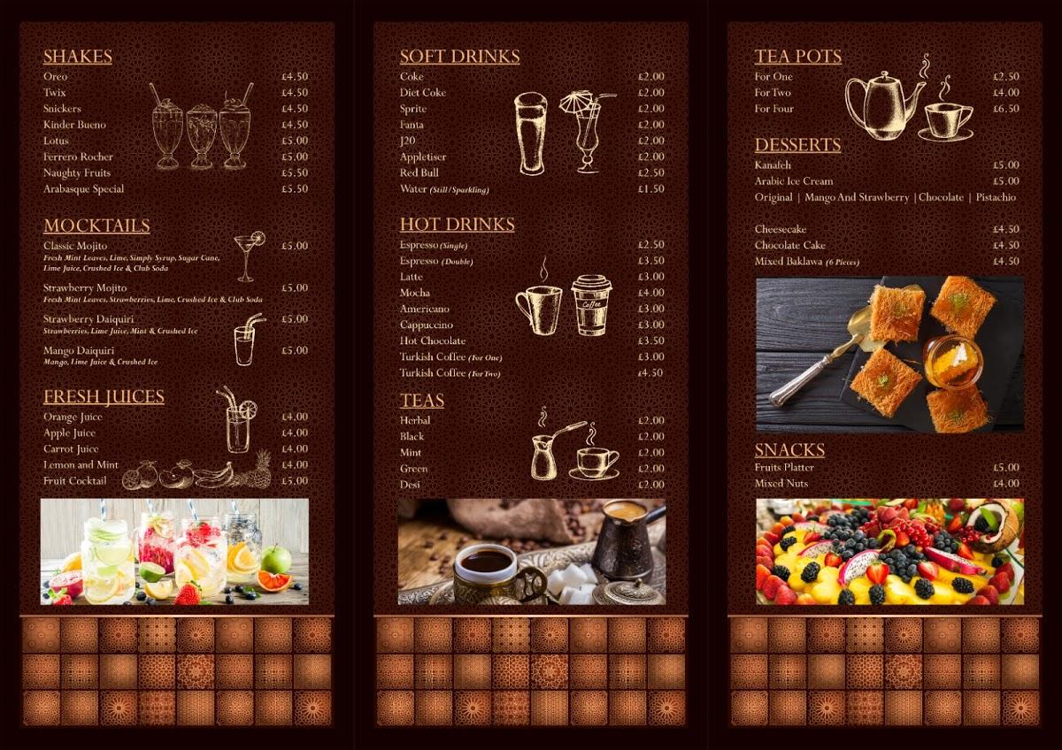 Menu at Arabesque cafe, Manchester, 66 Wilmslow Rd
