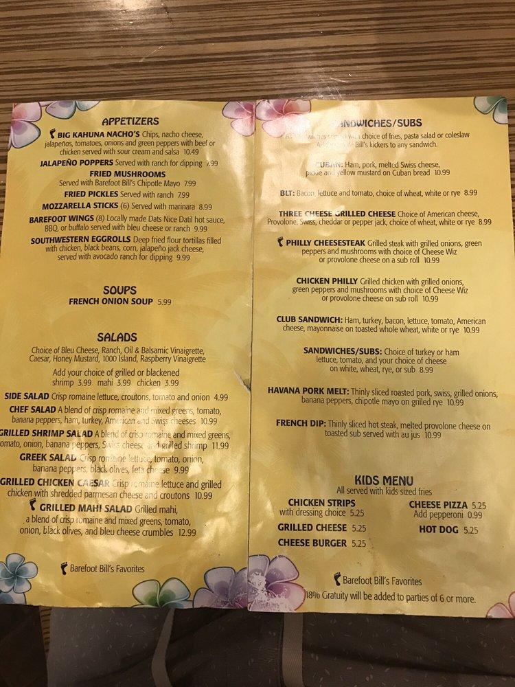 Menu at Barefoot Bill's Island Grill, St. Augustine