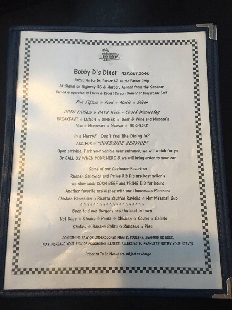 Menu at Bobby D's Diner restaurant, Parker, Harbor Dr