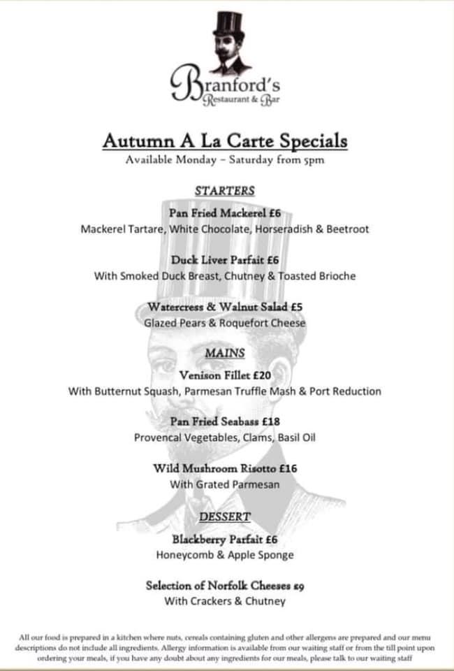 Menu at Branford's Restaurant & Bar, Great Yarmouth