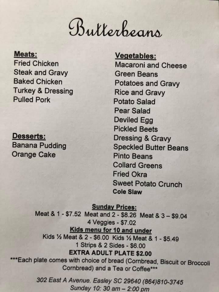 Menu at Butterbeans Restaurant, Easley