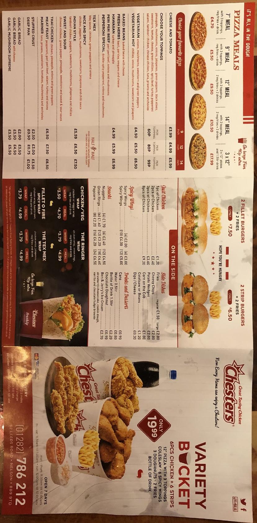 Menu at Chesters restaurant, Nelson
