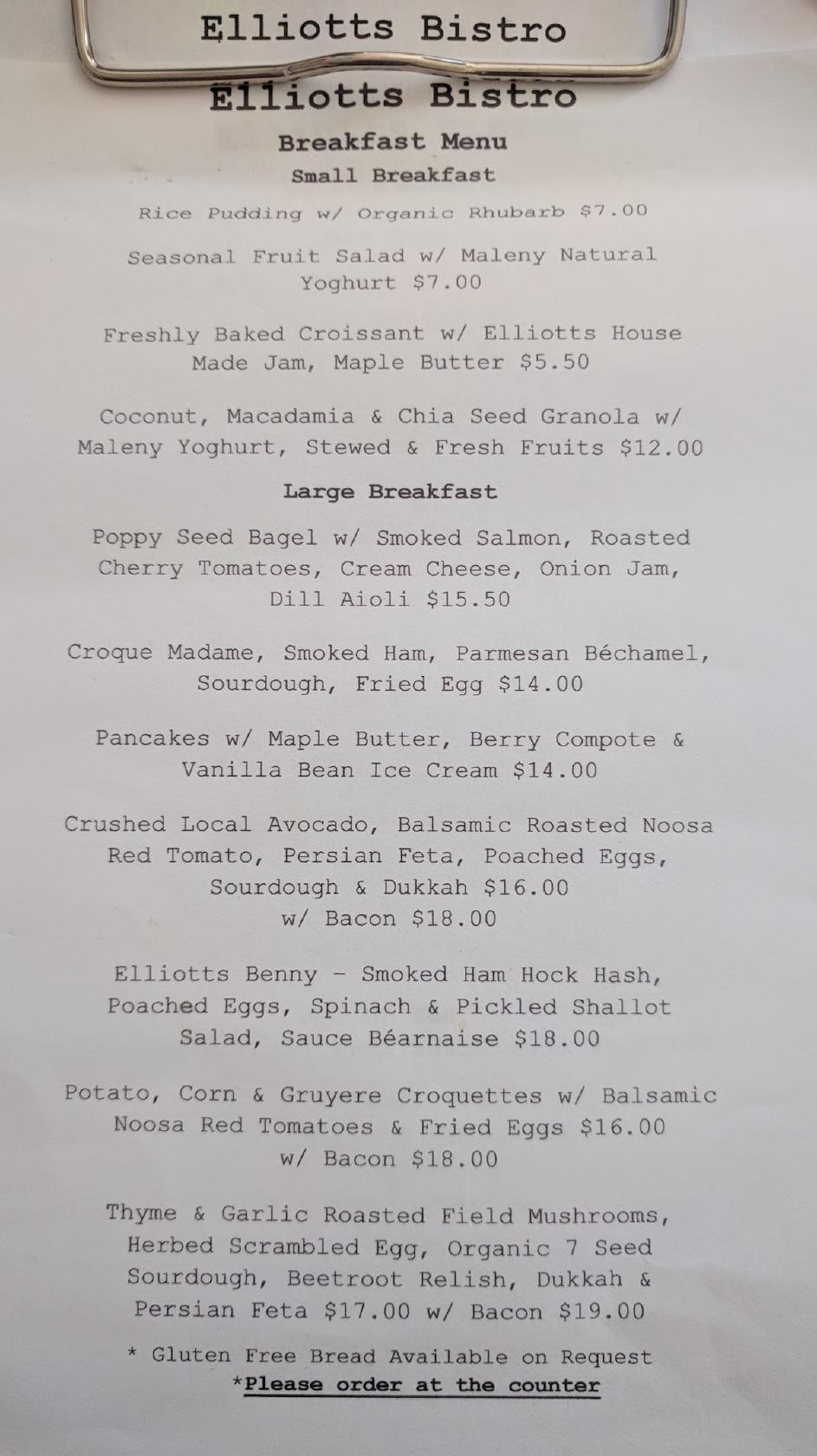 Menu at Elliott's Bistro cafe, Alexandra Headland