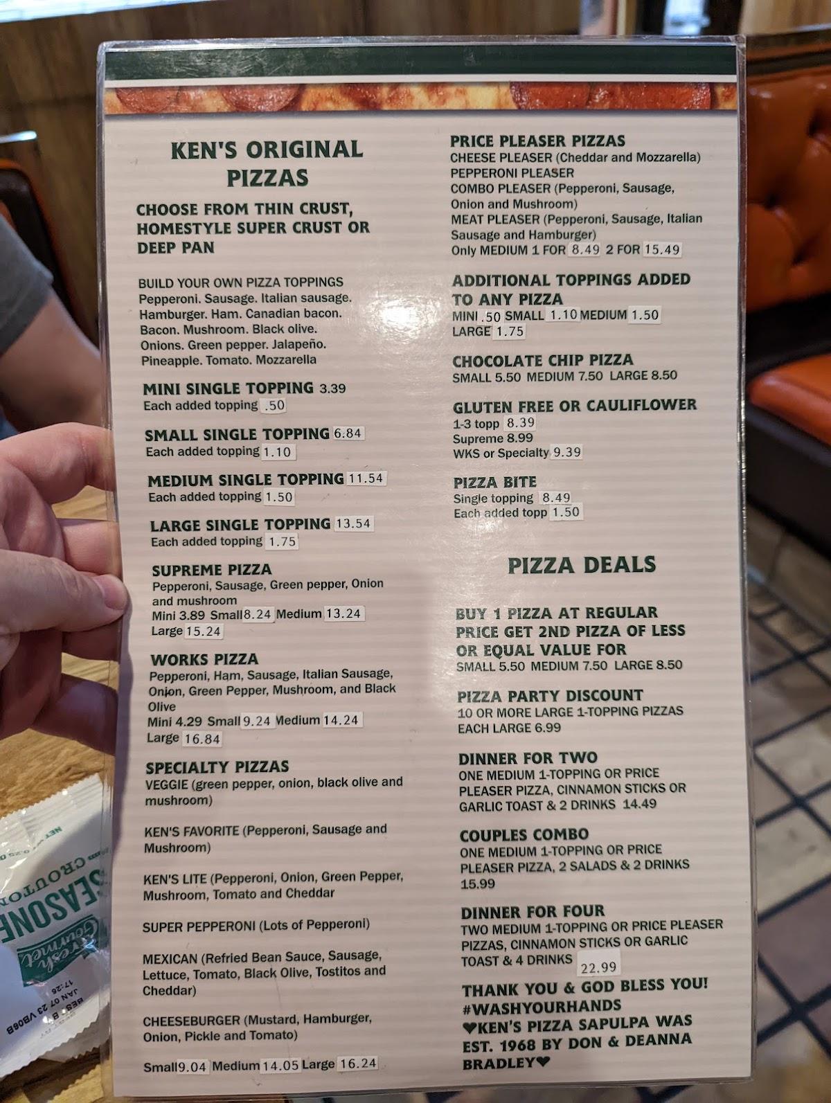 Menu at Ken's Pizza pizzeria, Sapulpa, 750 E Taft Ave