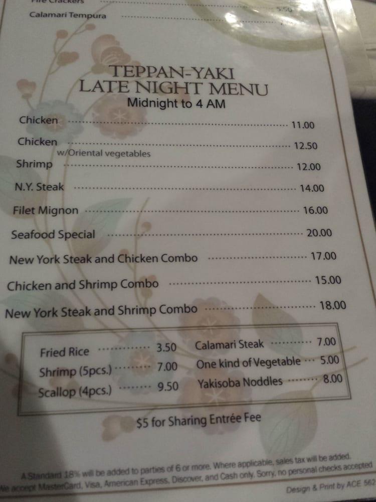 Menu at Musashi Japanese Steakhouse, Las Vegas