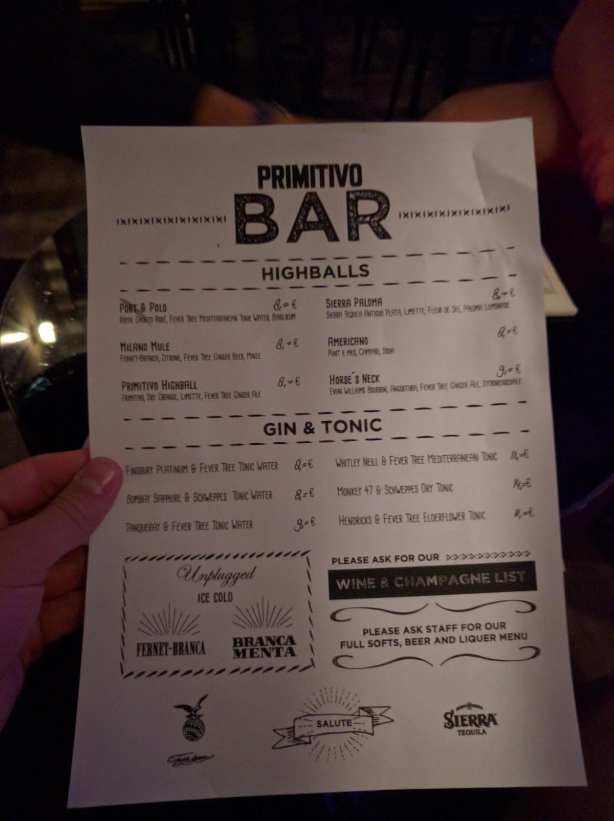 Menu at Primitivo pub & bar, Düsseldorf