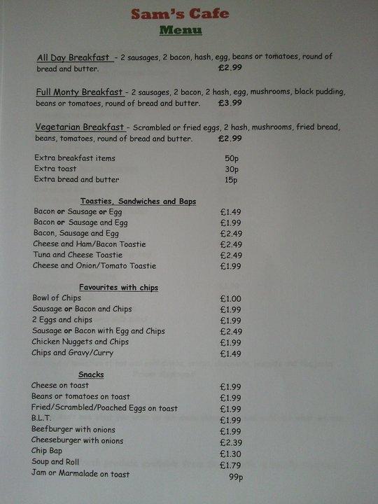 Menu at Sam's cafe, Denbigh