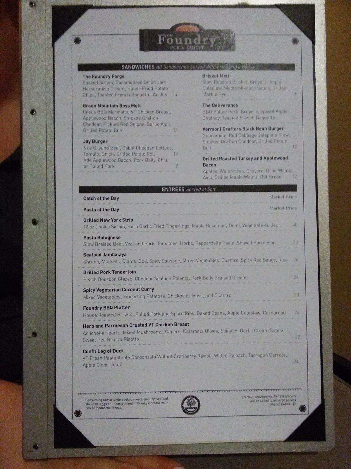 Menu at The Foundry Pub & Grille, Jay, 830 Jay Peak Rd