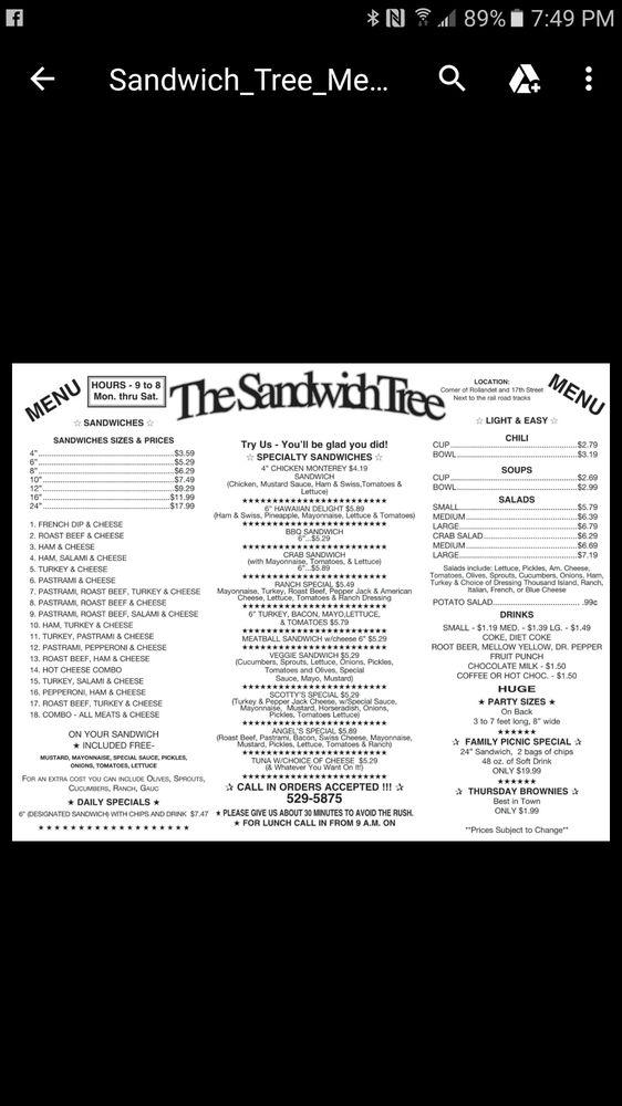 Menu at The Sandwich Tree restaurant, Idaho Falls
