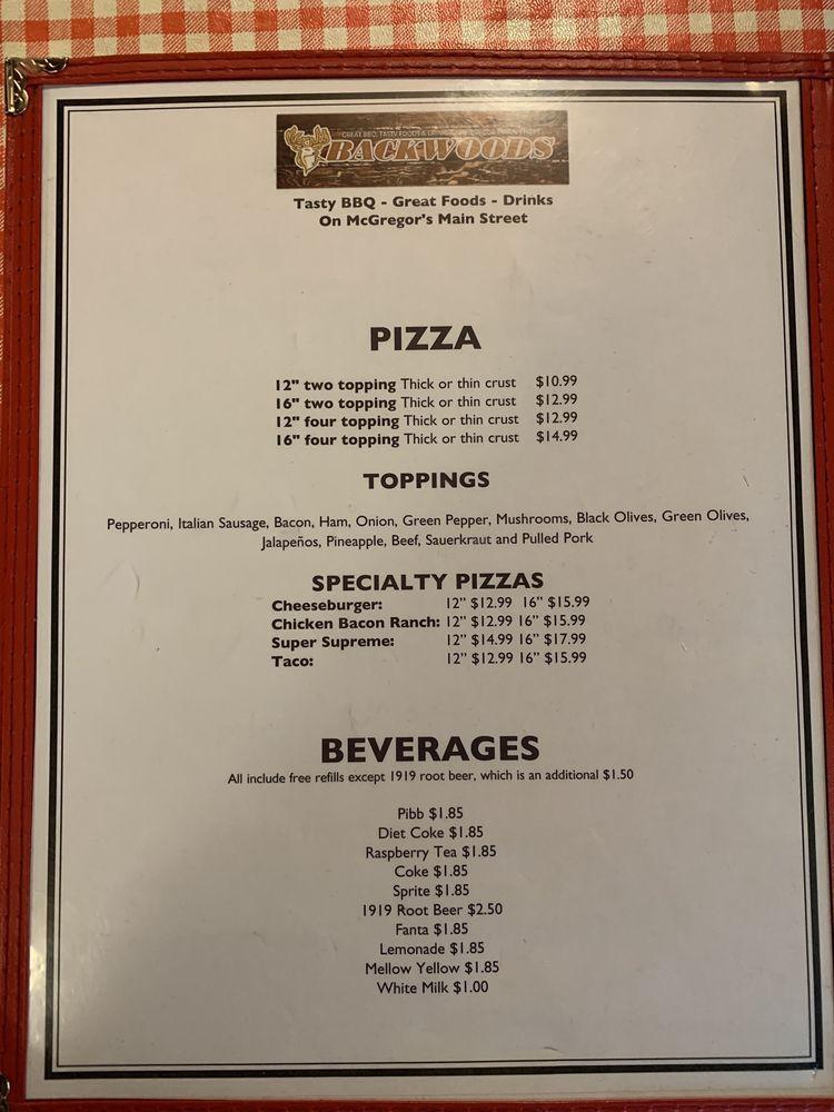 Menu at Backwoods Bar & Grill, McGregor