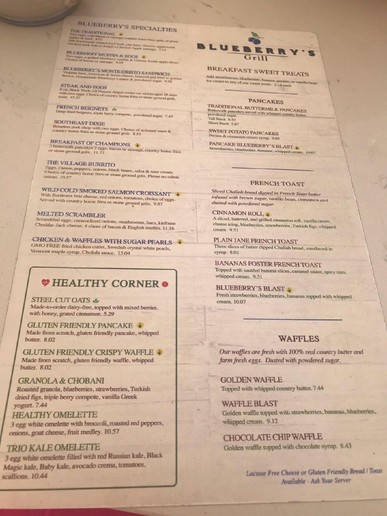 Carta del restaurante Blueberry's Grill, North Myrtle Beach, Hwy 17