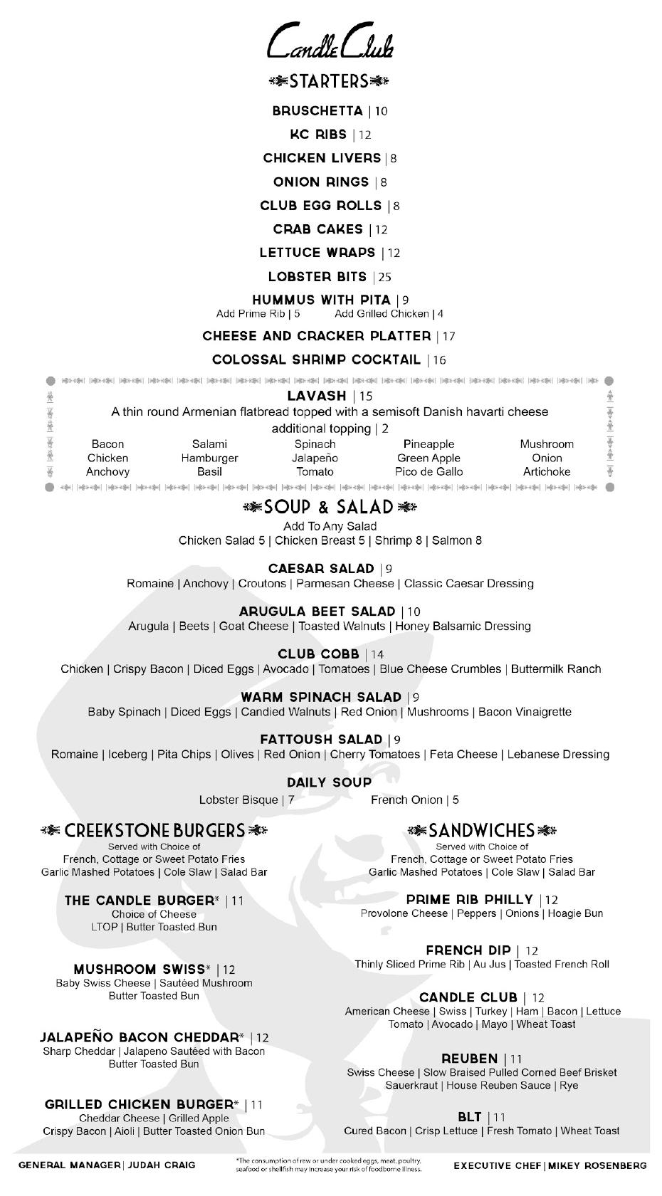 Menu at Candle Club, Wichita