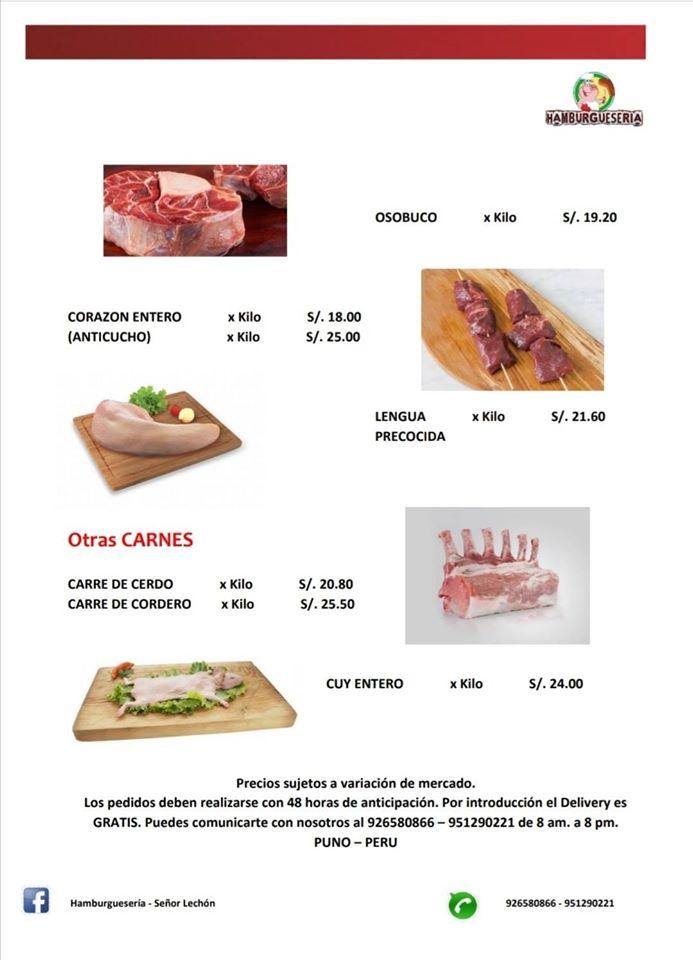 Carta del restaurante Hamburguesería - Señor Lechón, Puno