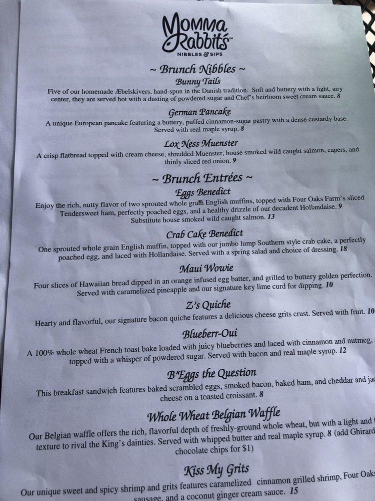 Menu at Momma Rabbit's Nibbles and Sips restaurant, Lexington
