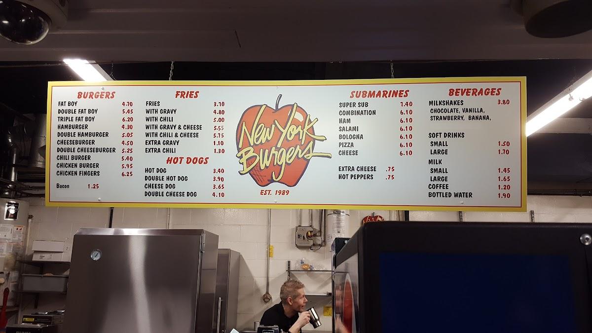 Menu at New York Burgers restaurant, Winnipeg