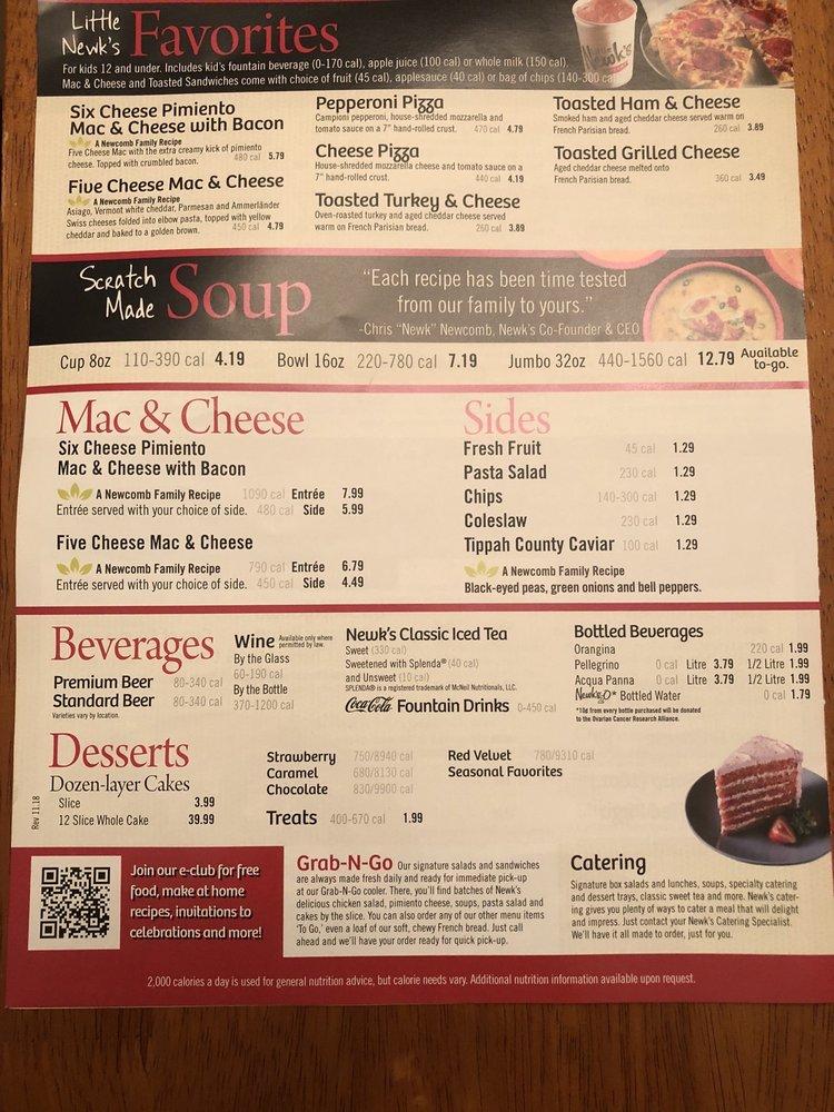 Menu at Newk's Eatery pizzeria, Summerville