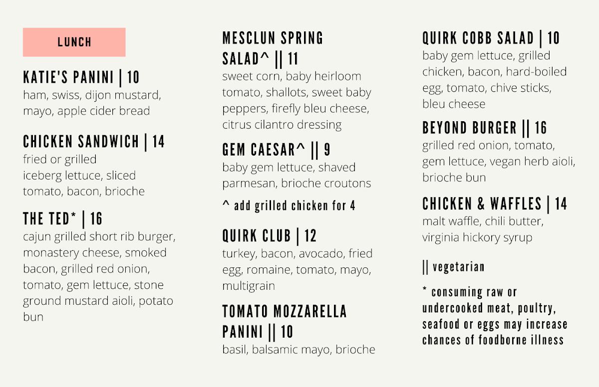 Menu at Quirk Café, Charlottesville, 501 W Main St