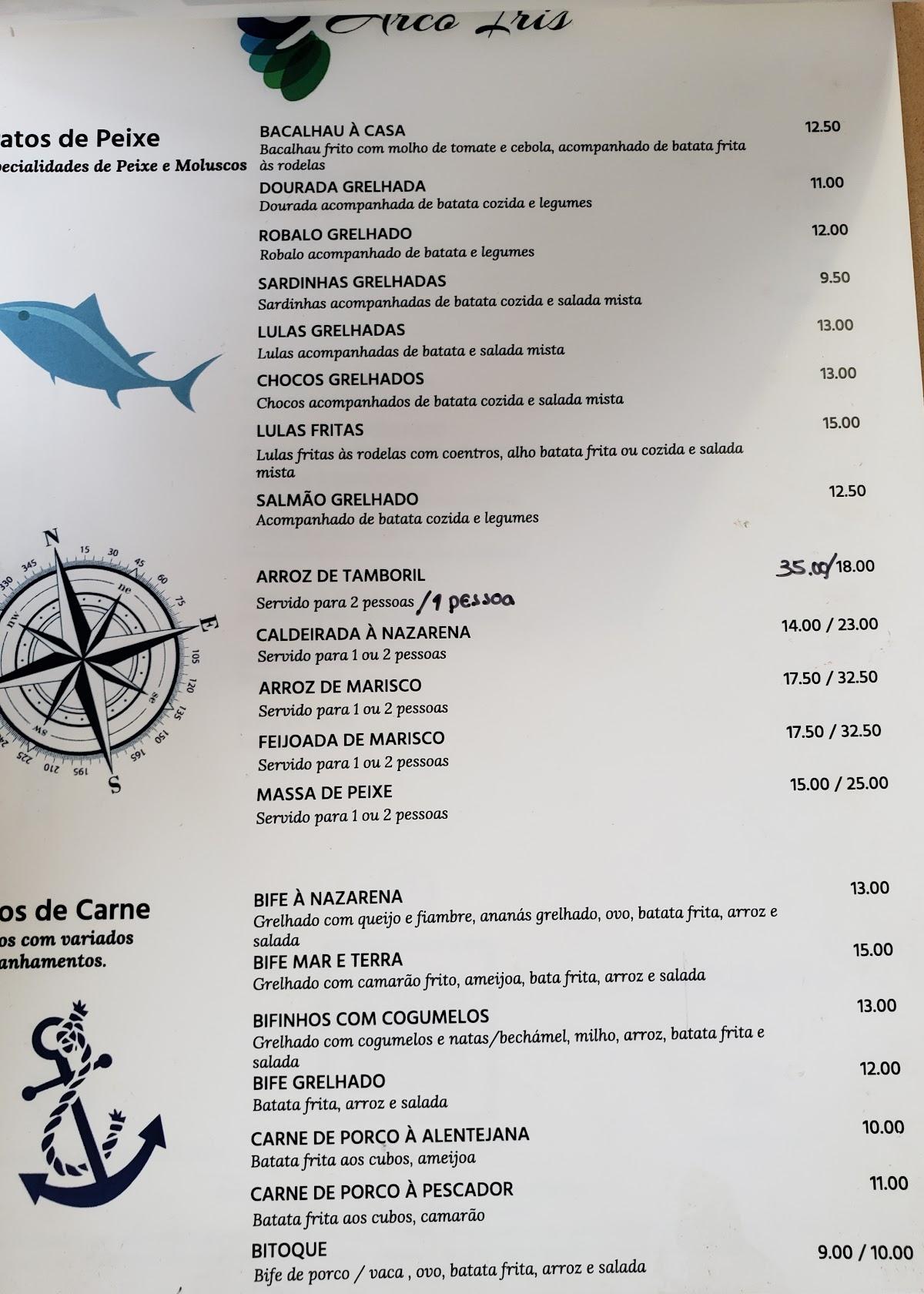 Menu em Restaurante Arco Iris, Nazaré