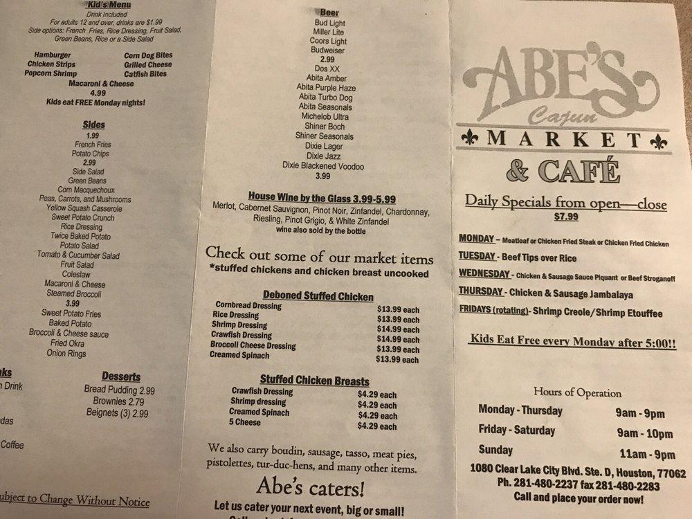 Menu at Abe's Cajun Market restaurant, Houston