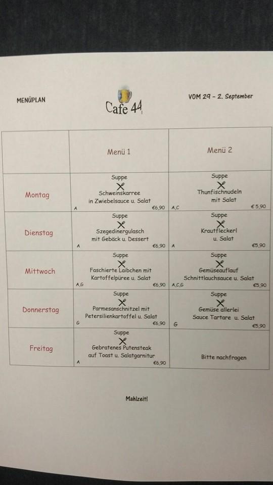 Menu at Cafe44, Graz, Wiènerstraße 44