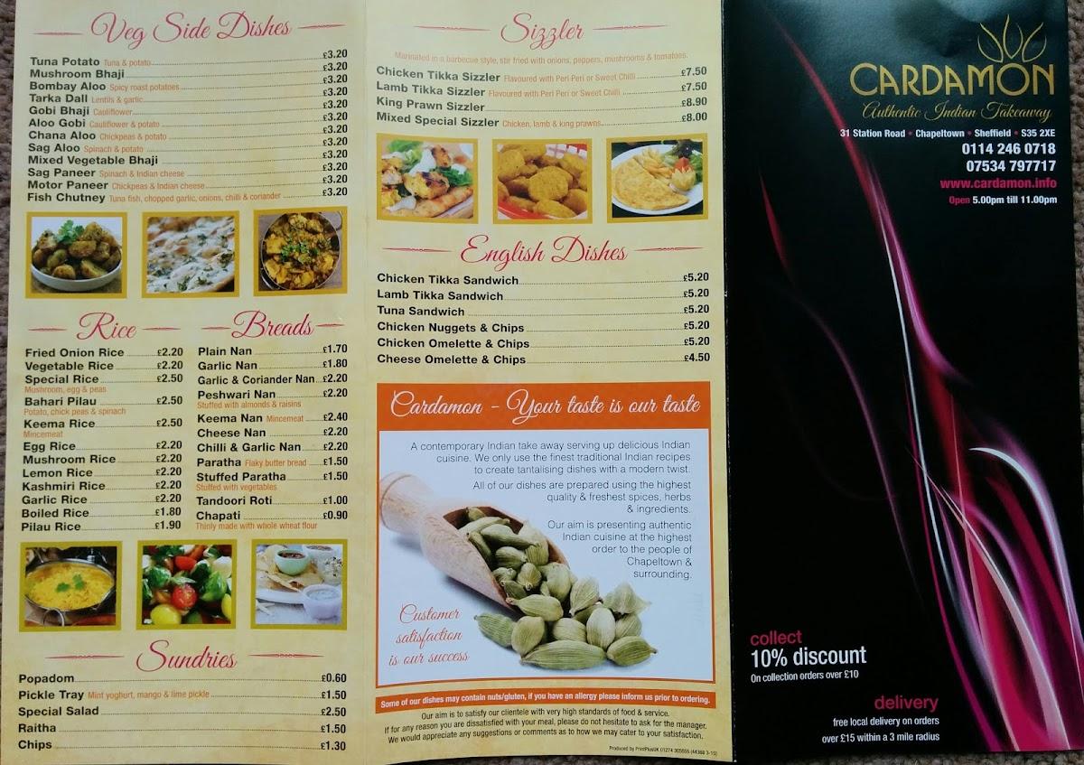Menu at Cardamon restaurant, Sheffield