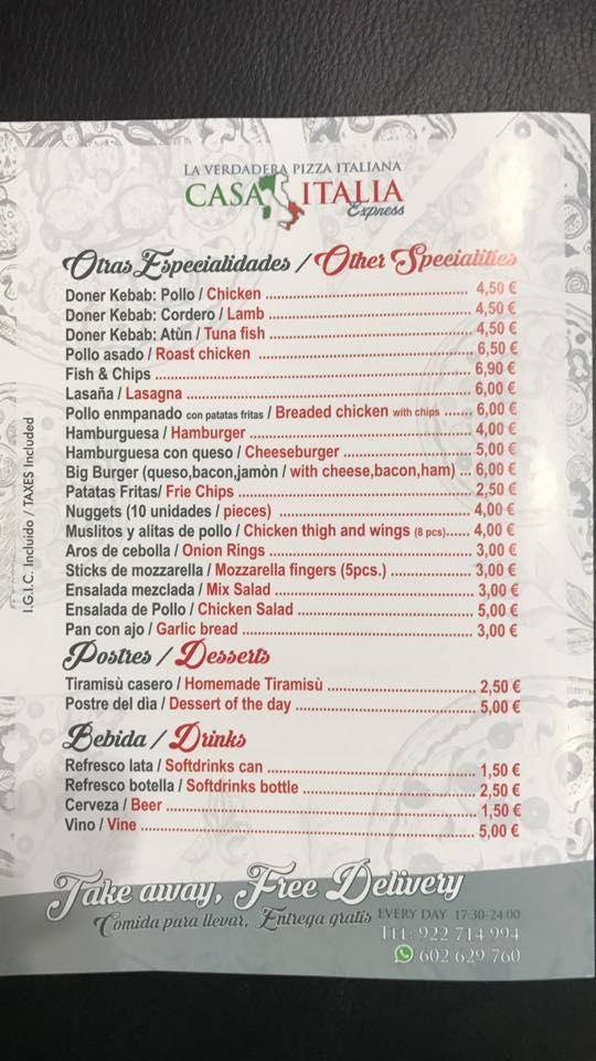 Menu at Casa Italia Express pizzeria, Adeje, Calle Asturias