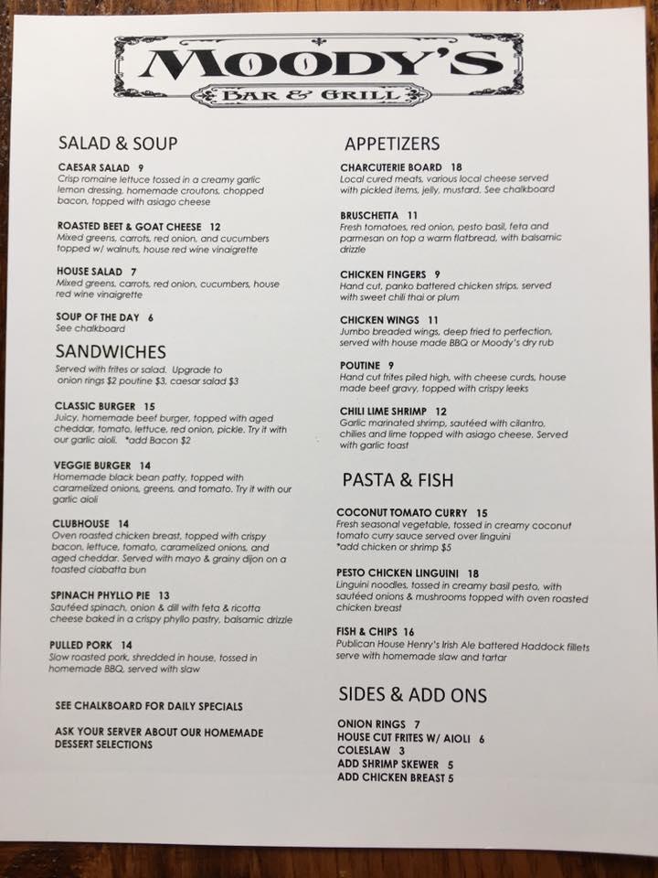 Menu at Moody's Bar and Grill, Millbrook
