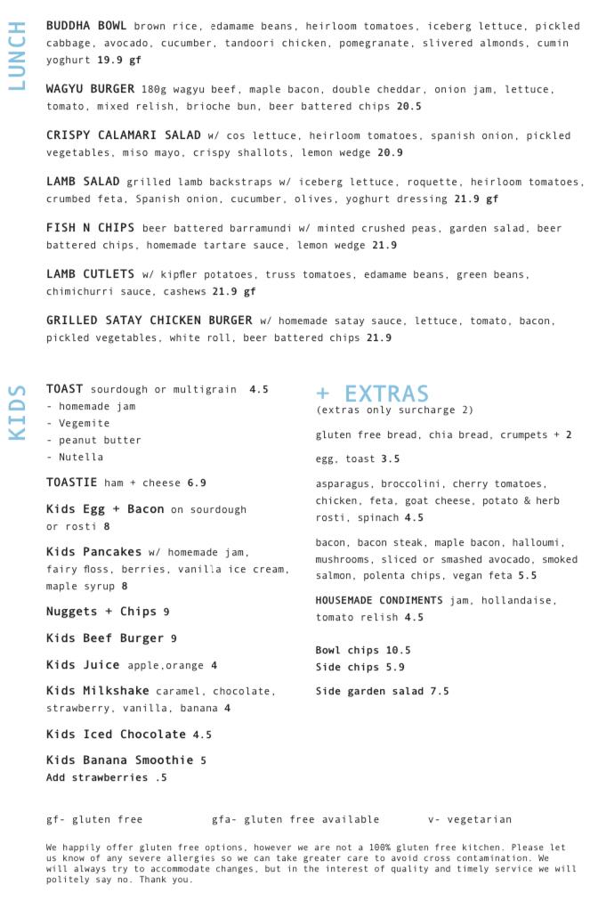 Menu at Our Little Ray of Sunshine cafe, Sandringham