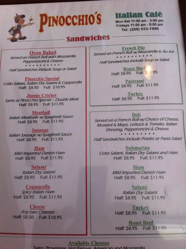 Menu at Pinocchio's restaurant, Sonora