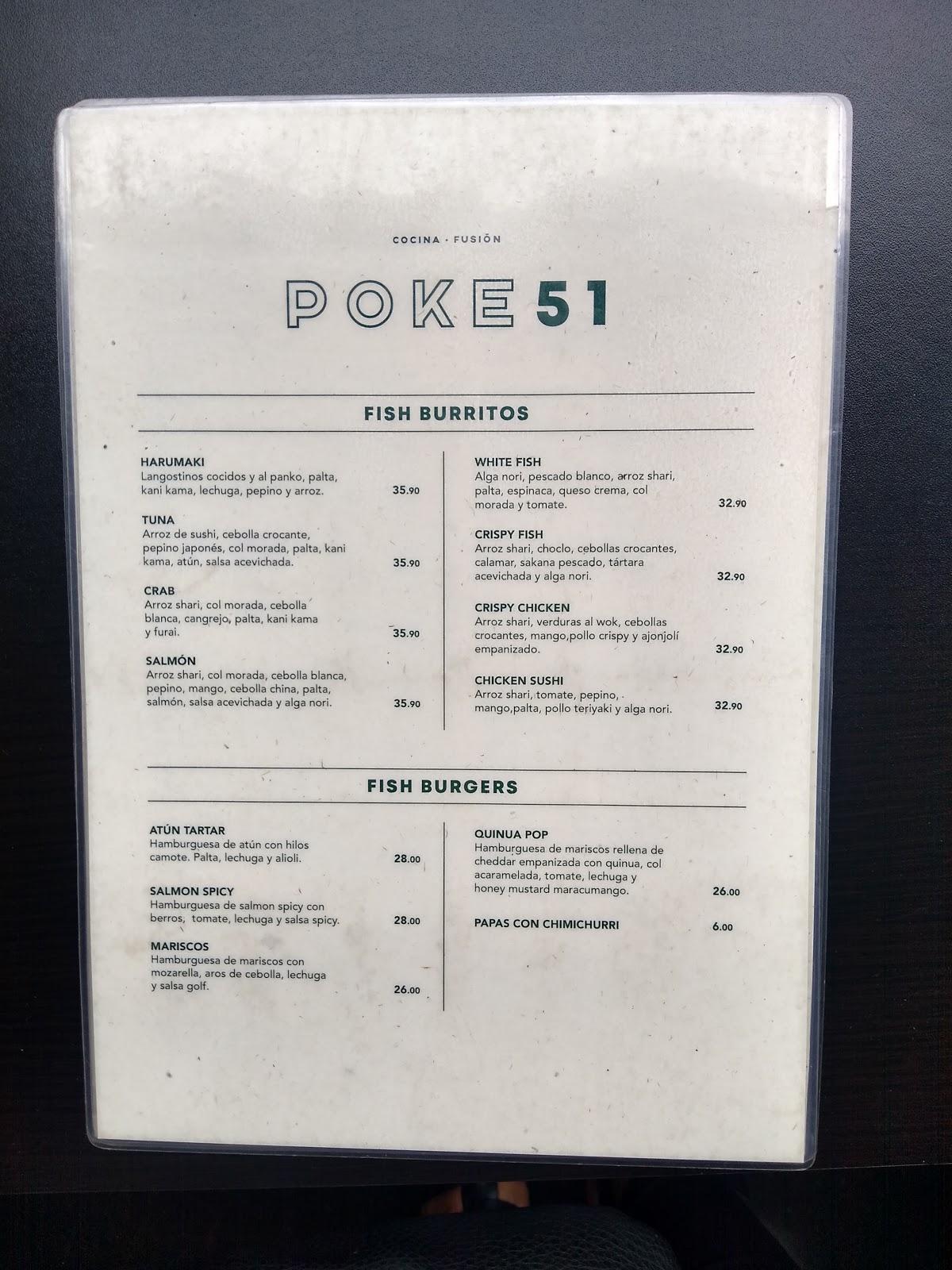 Carta del restaurante Poke 51, Lima