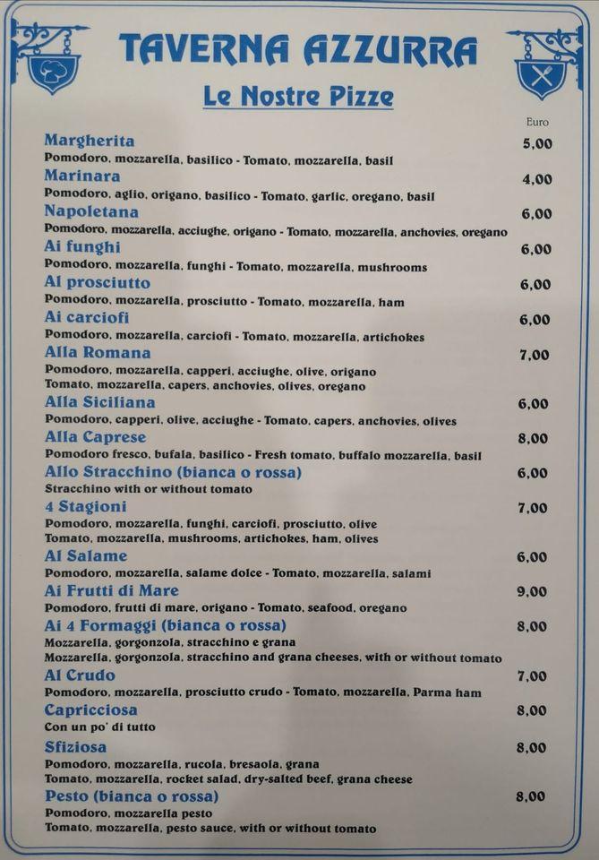 Menu at Taverna Azzurra restaurant, Rapallo