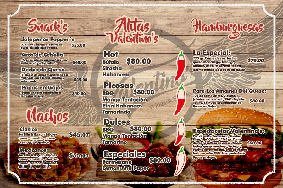 Carta del restaurante Valentino's Wings & Snacks, Tuxtla Gutiérrez