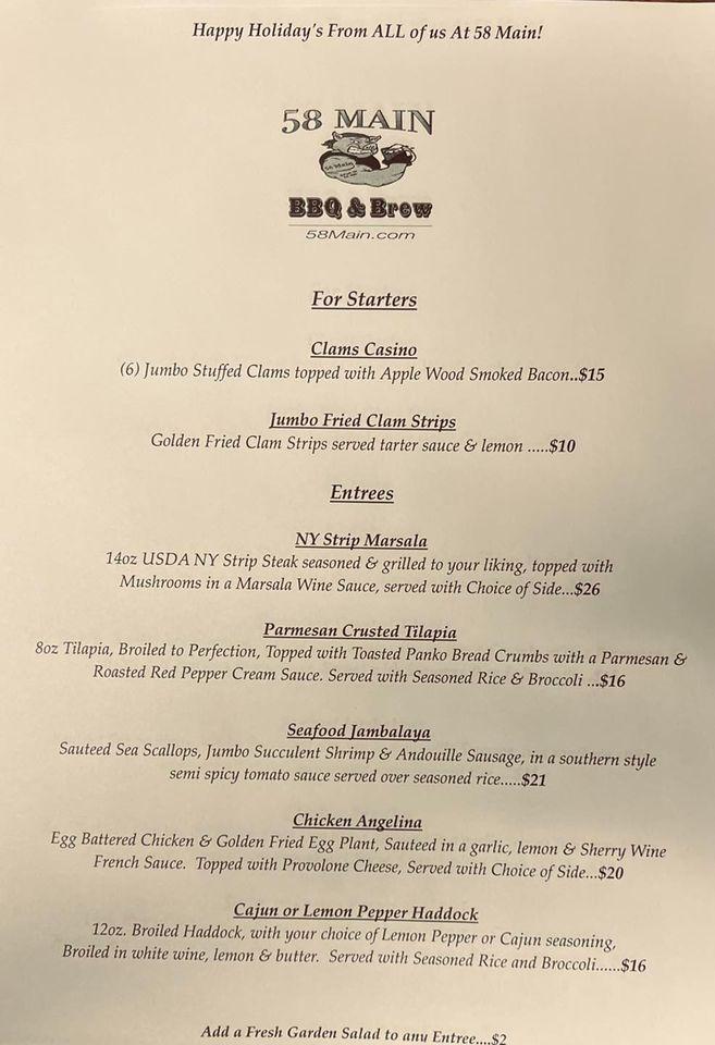 Menu at 58 Main BBQ & Brew, Brockport