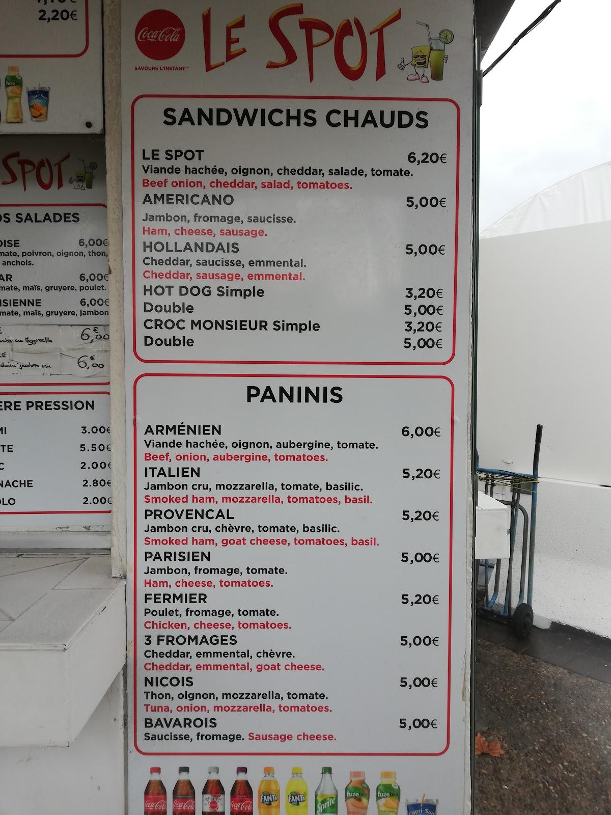 Menu at Le SPOT sandwicherie restaurant, Cannes