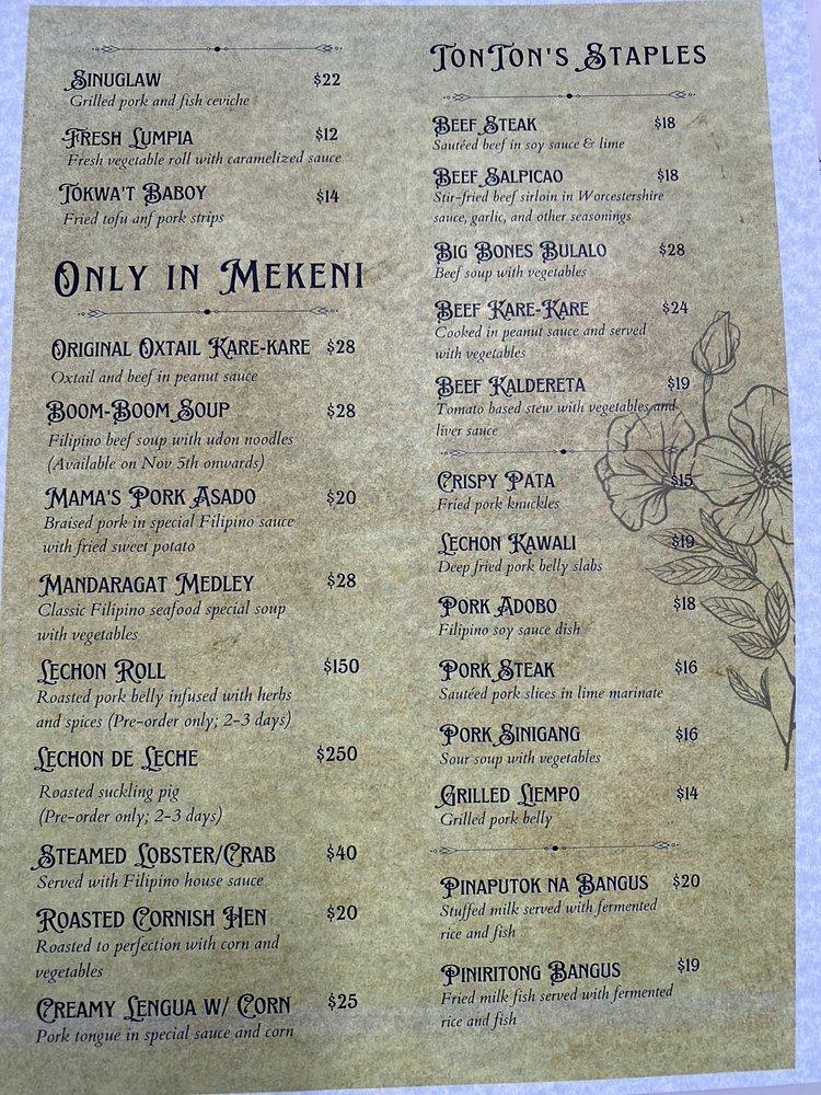 Menu at Mekeni Pinoy's Pride restaurant, Artesia